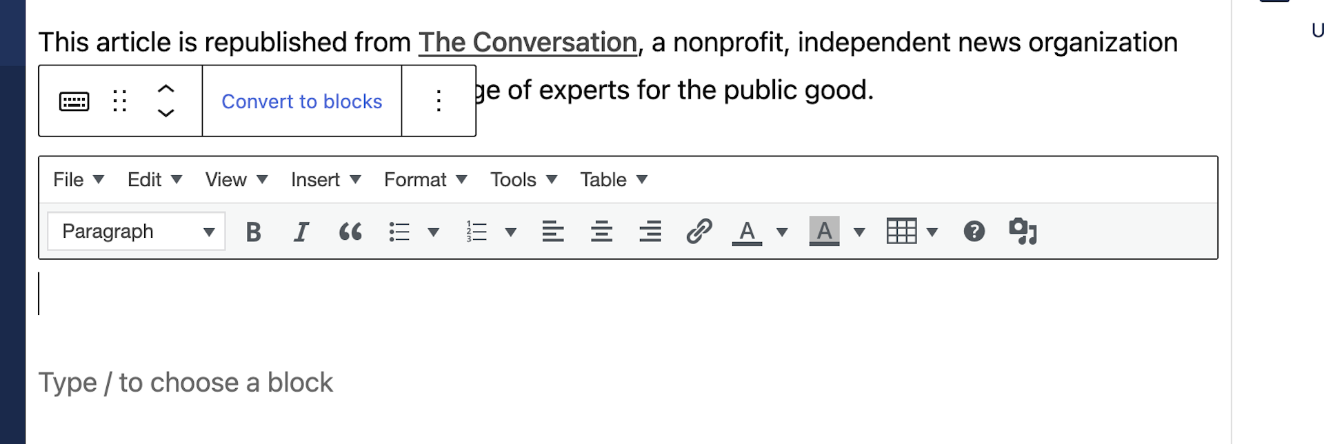 Republishing from The Conversation in WordPress