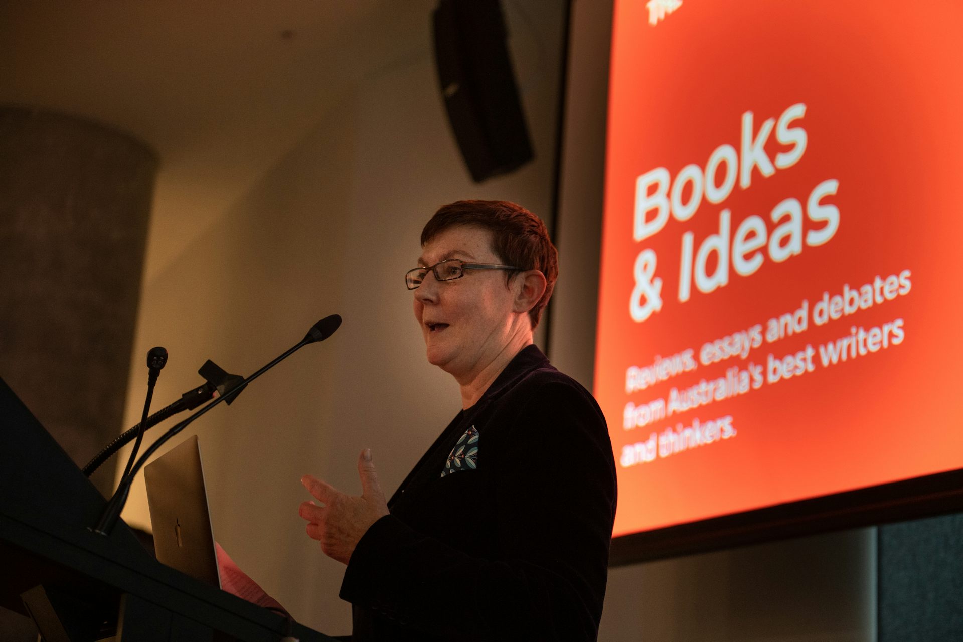 CEO Lisa Watts speaking at the launch of the Books & Ideas section